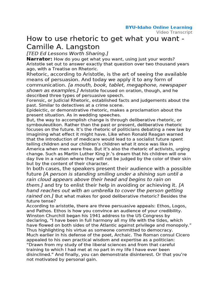 Transcript How To Use Rhetoric To Get What You Want | PDF | Rhetoric | Public Speaking