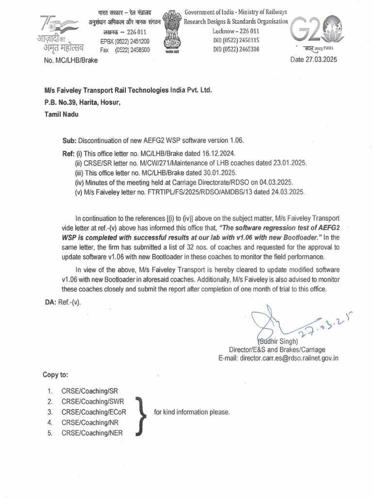 RDSO Letter To FTIL - WSP Software Trial Dated 27.03.2025 | PDF | Transport | Land Transport
