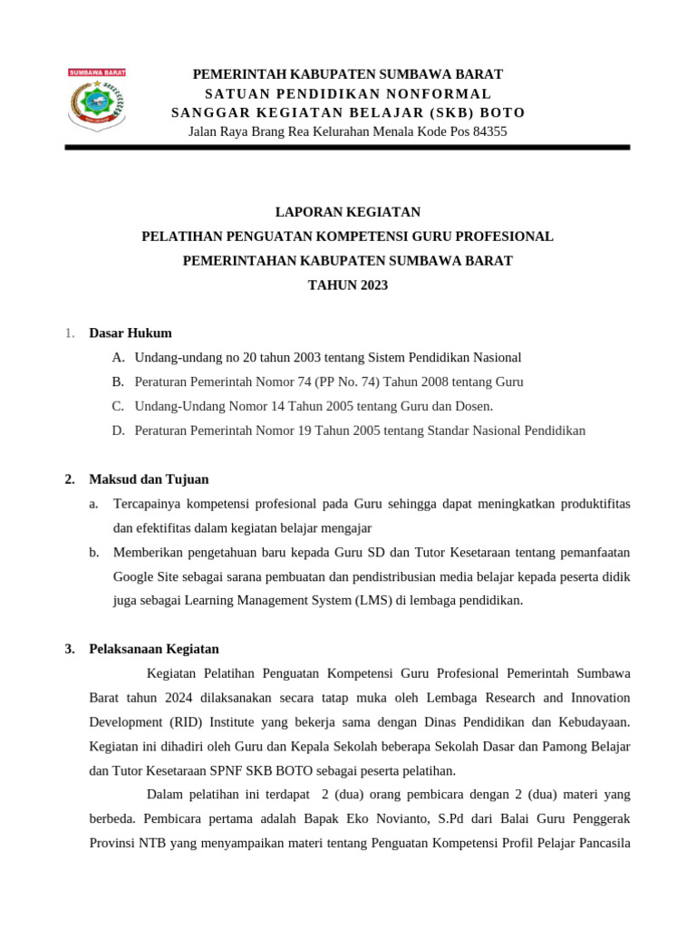 Laporan Kegiatan Pelatihan Penguatan Kompetensi Guru Profesional KSB | PDF