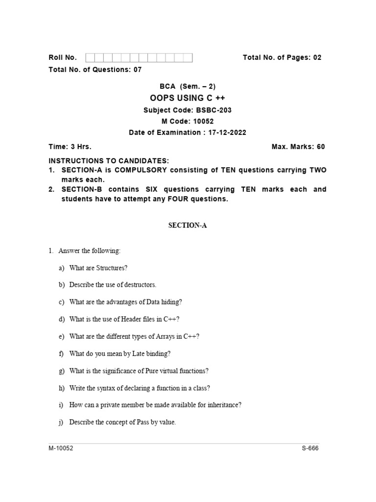 Bca 2 Sem Oops Using CPP 10052 Dec 2022 | PDF | C++ | Software Engineering