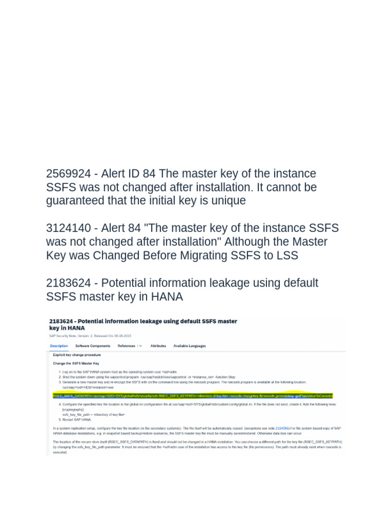 2569924 - Alert ID 84 The master key of the instance SSFS was not ...