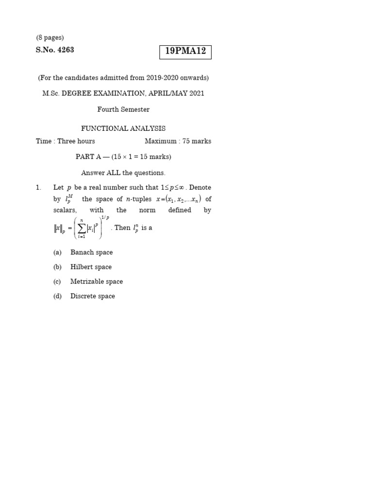 MSC 4 Sem Mathematics Functional Analysis 4263 May 2021 | PDF | Banach Space | Vector Space
