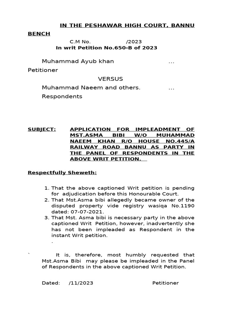 Impleadment Application in Writ Petition | PDF | Public Law | Common Law