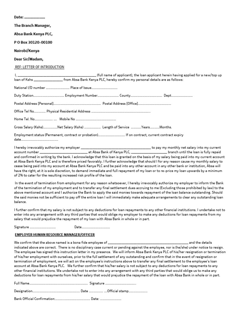 Absa Employee Introduction Letter | PDF | Loans | Banks
