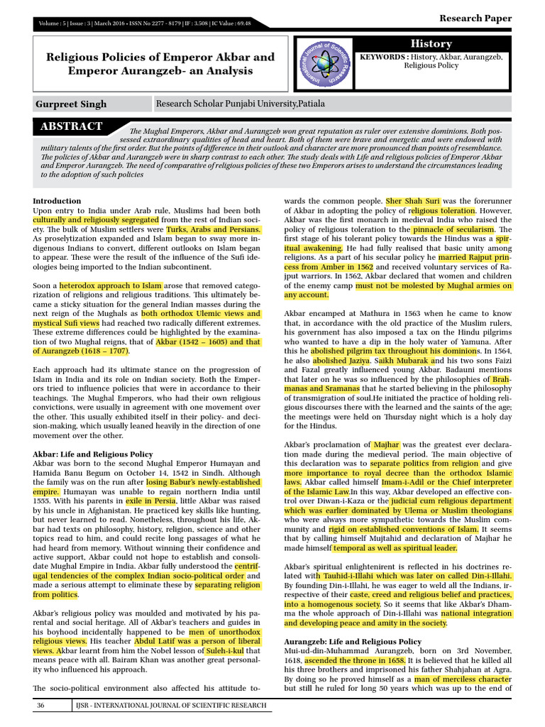 Akbar and Aurangzeb's Religious Policy | PDF | Mughal Empire