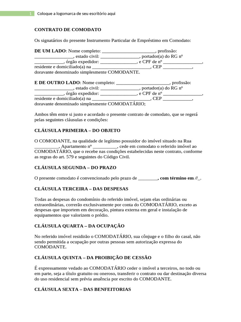 CONTRATO DE COMODATO - Modelo 01 | PDF