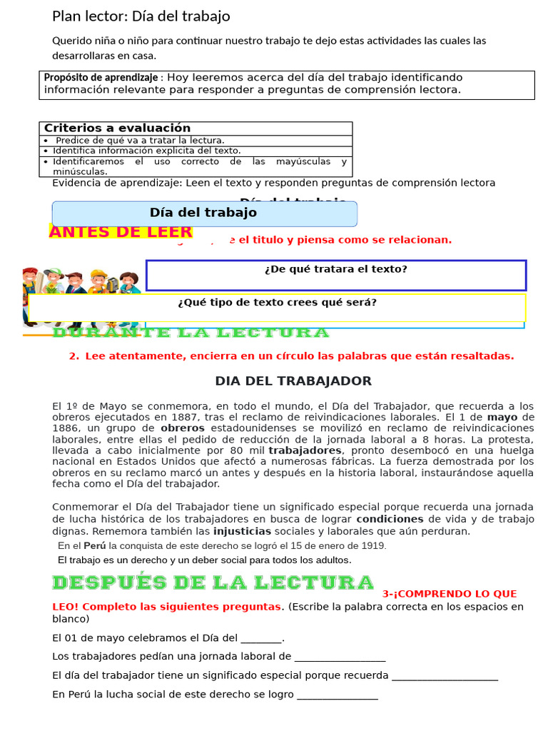 Actividades de lectura: Día del Trabajo | PDF | Comprensión lectora ...