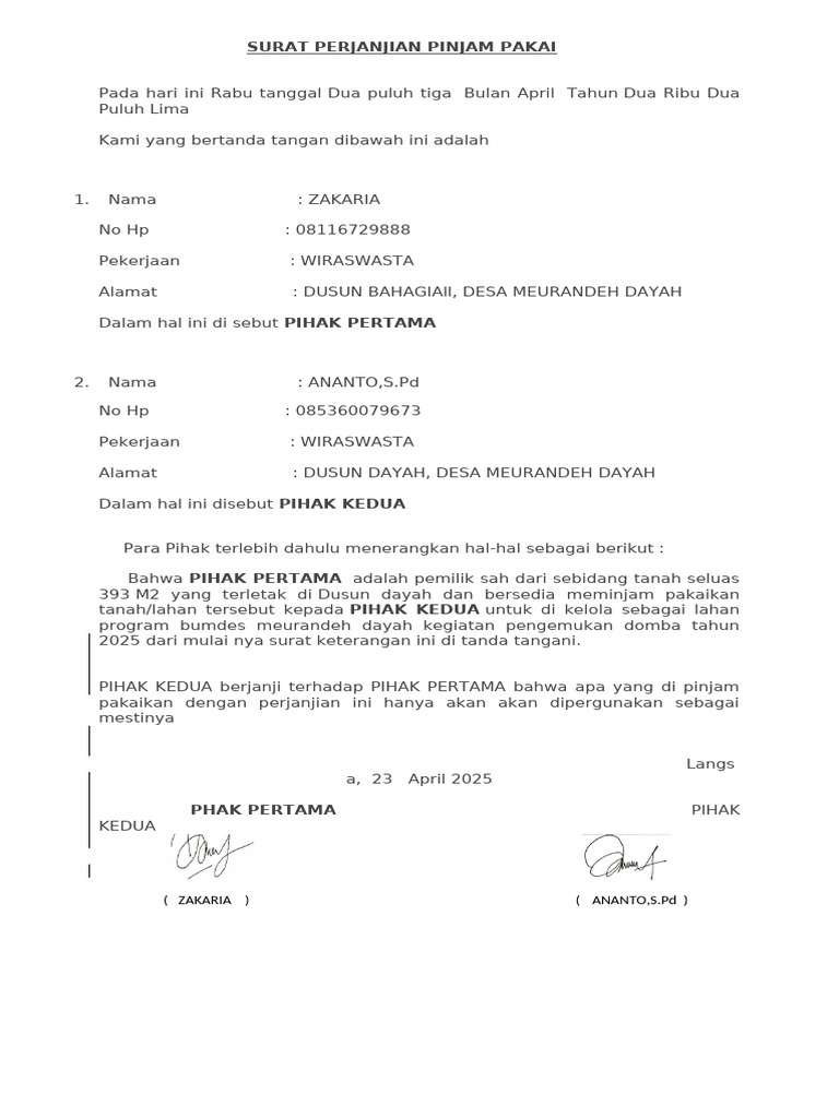 Surat Pinjam Pakai Lahan | PDF