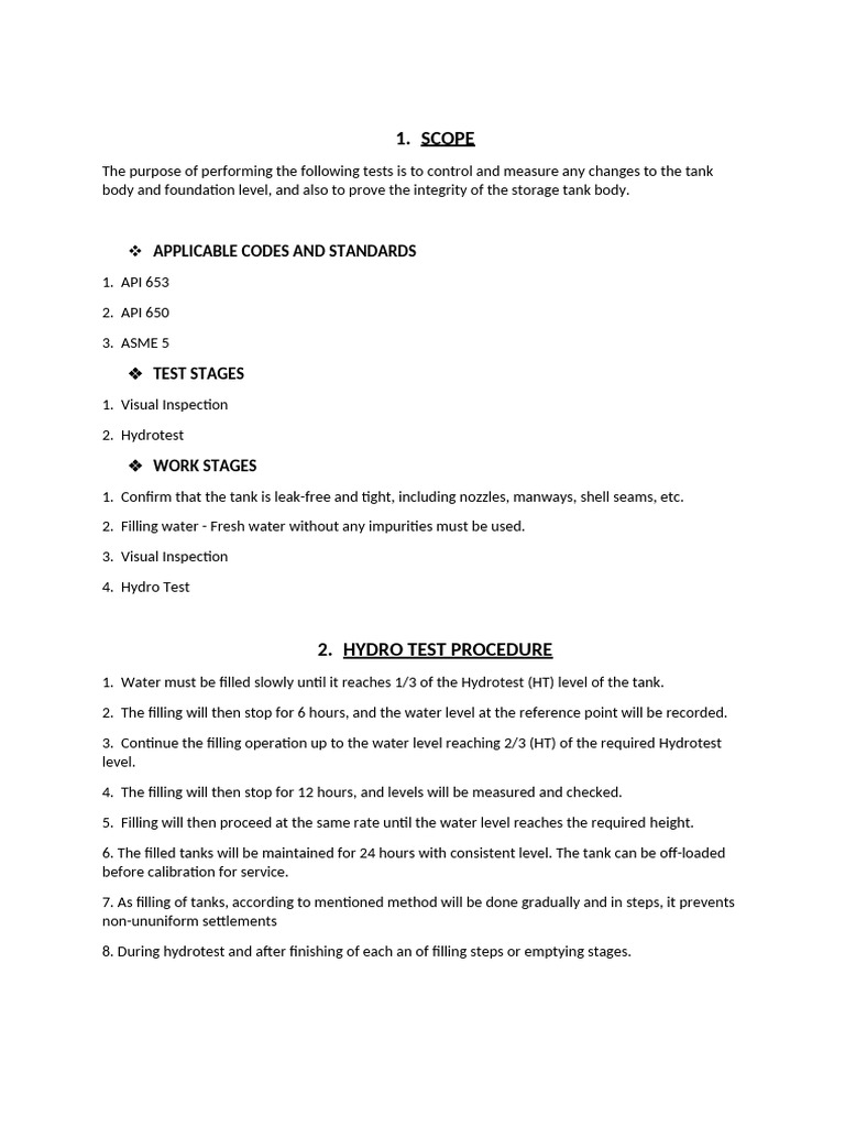 API 650 Tank Hydrotest Procedure | PDF