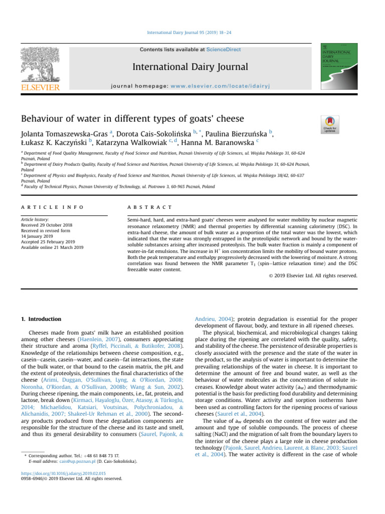 Behaviour of Water in Different Types of Goats' Cheese | PDF ...