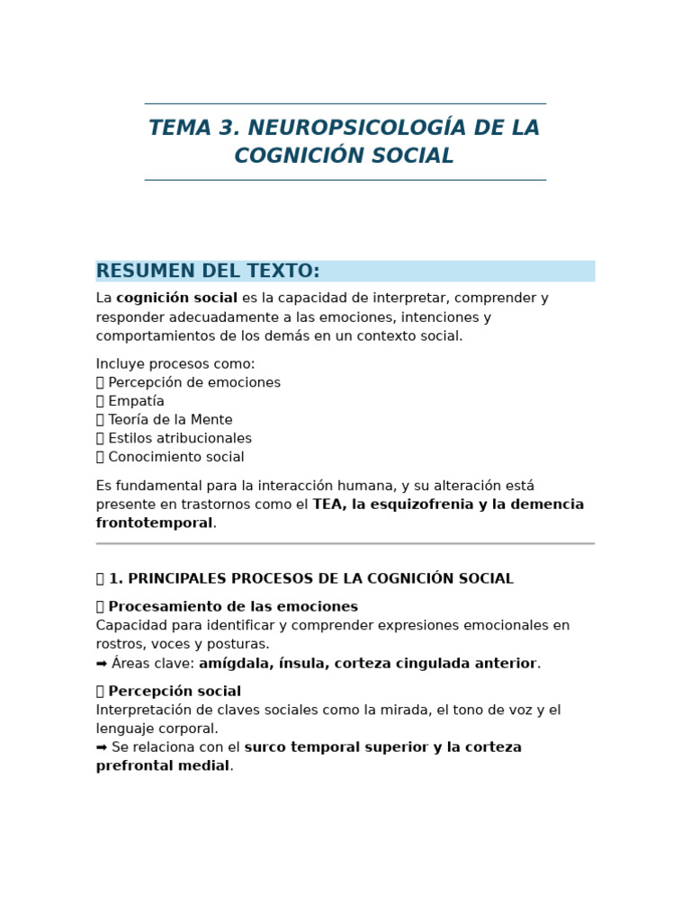 Tema 3. Neuropsicología de la cognición social | PDF | Las emociones | Teoria de la mente