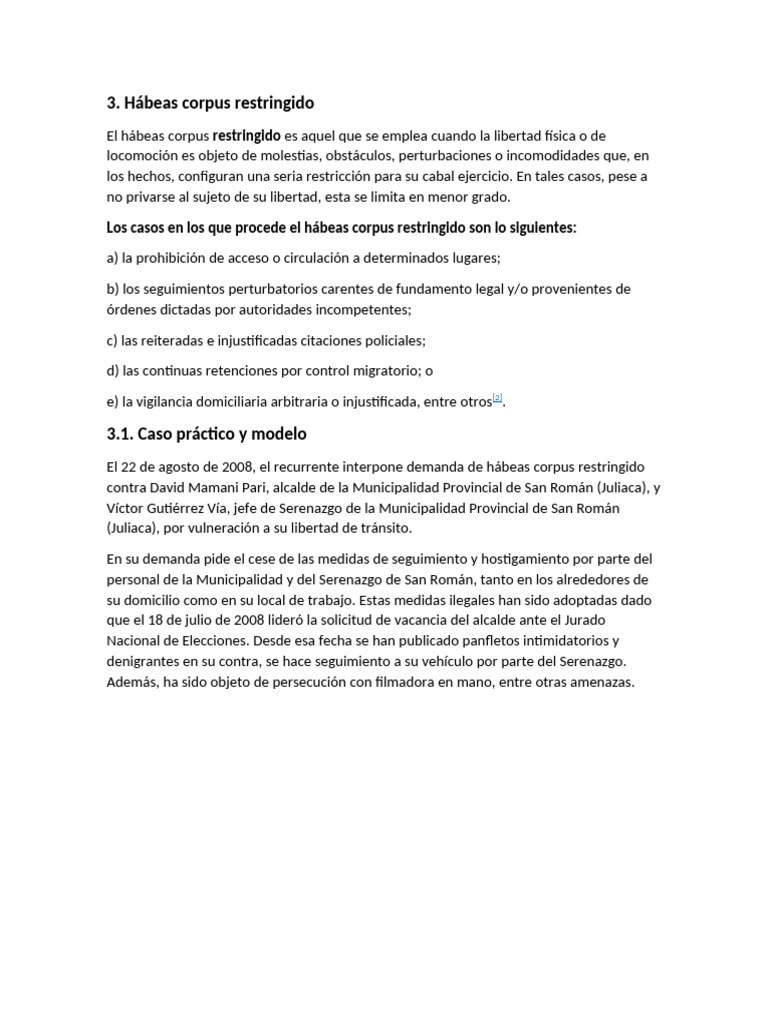 Hábeas Corpus Restringido: Casos y Ejemplo | PDF
