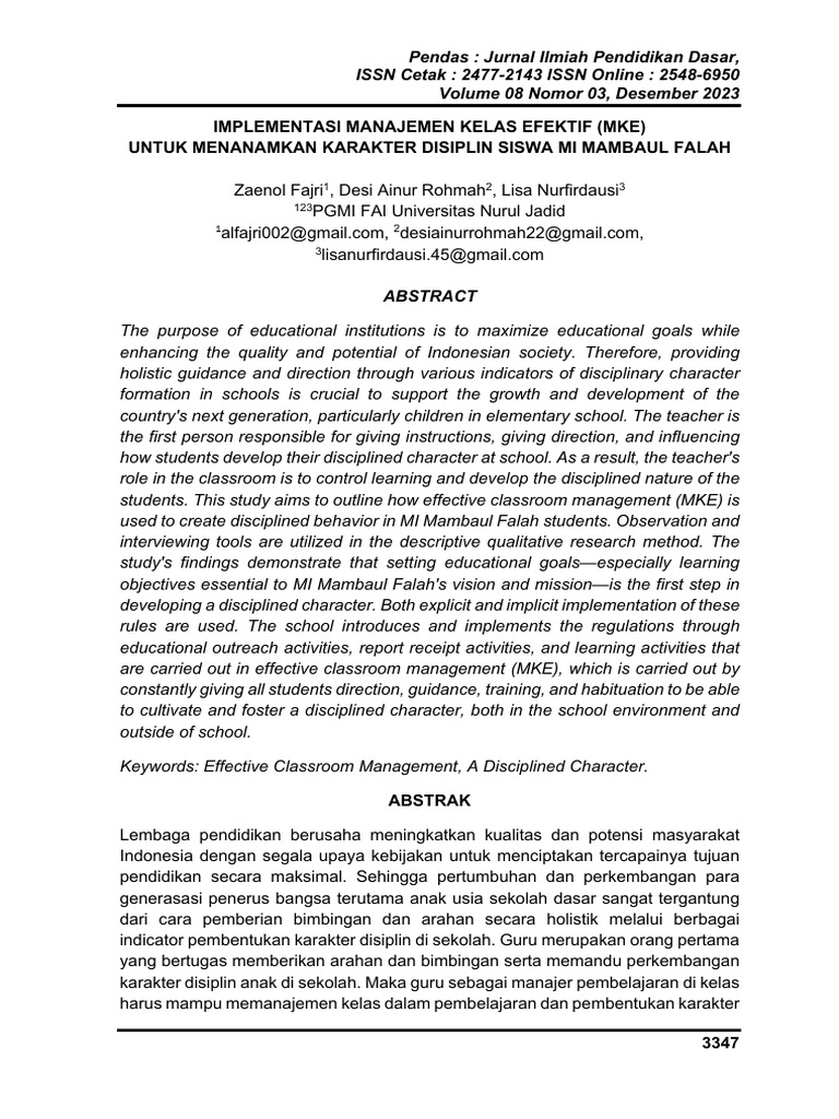 Implementasi Manajemen Kelas Efektif (Mke) Untuk Menanamkan Karakter Disiplin Siswa Mi Mambaul ...