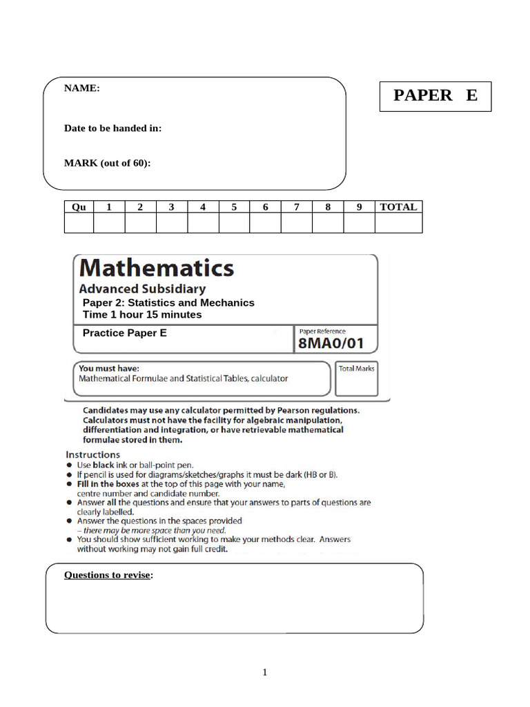 AS Statistics and Mechanics Practice Paper E - QP | PDF | Median | Probability Distribution