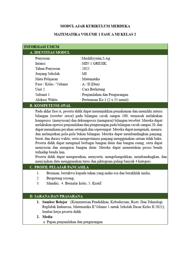 MODUL MTK Penjumlahan dan pengurangan 2025 | PDF