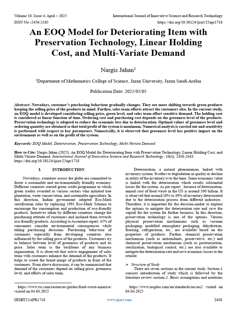 An Eoq Model For Deteriorating Item With Preservation Technology Linear Holding Cost And Multi