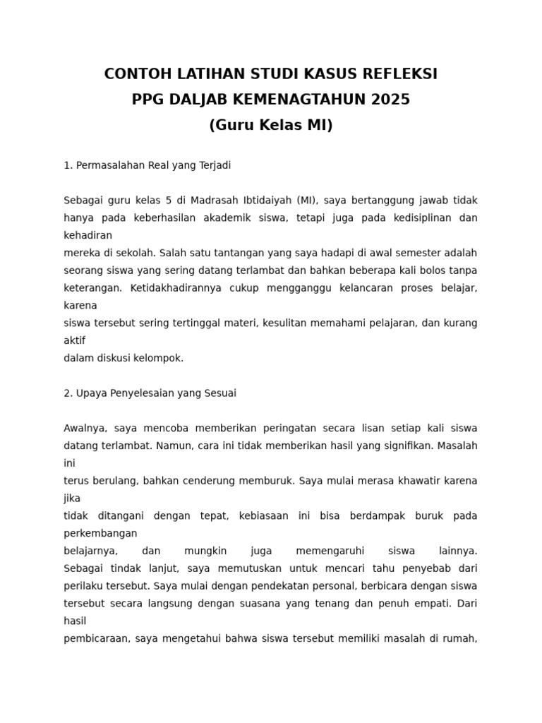 Contoh Latihan Studi Kasus Refleksi Guru Kelas Mi 2025 | PDF