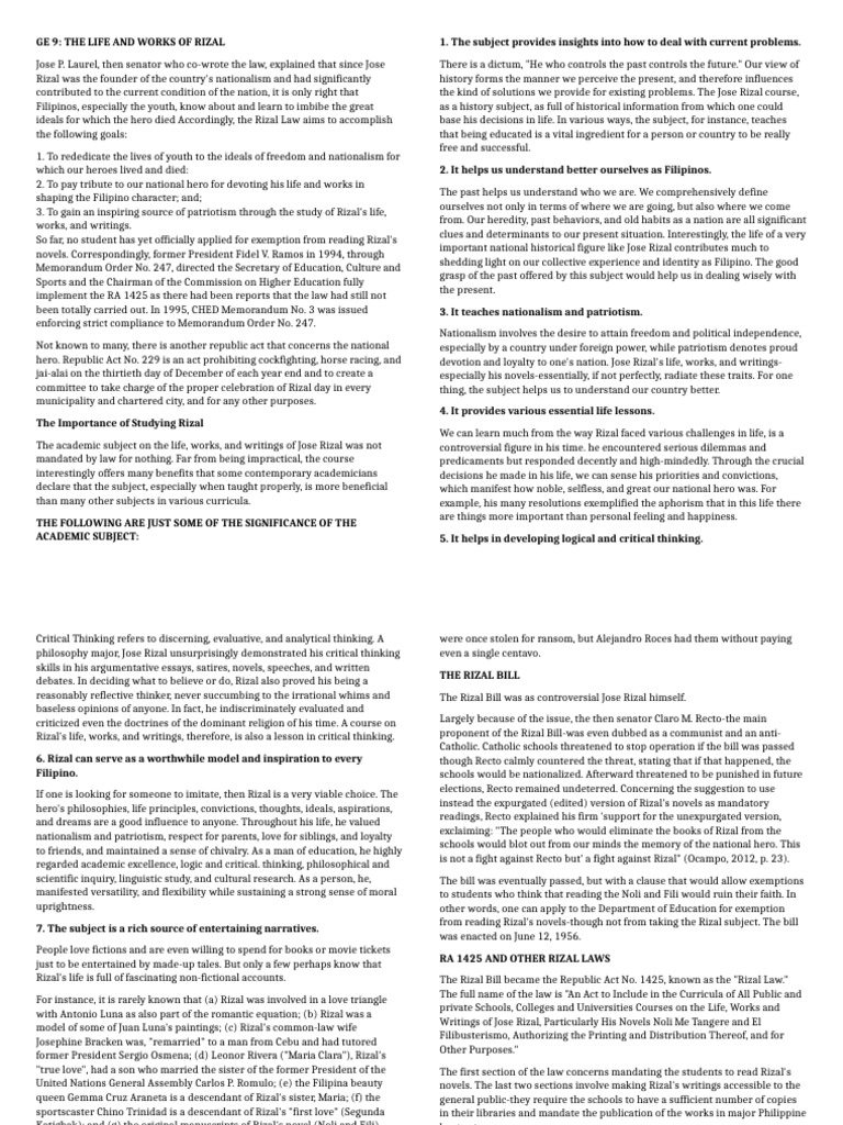 Ge 9 The Life and Works of Rizal | PDF | Critical Thinking | Thought