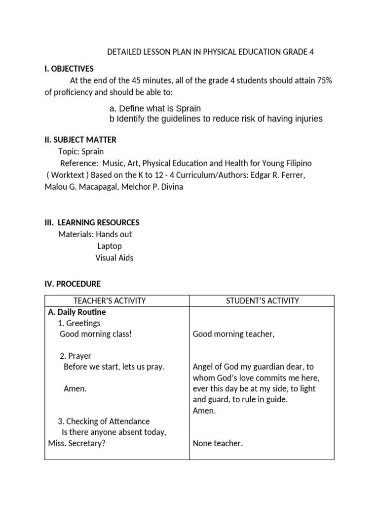 Detailed Lesson Plan in Physical Education Grade 4 | PDF | Ankle | Learning