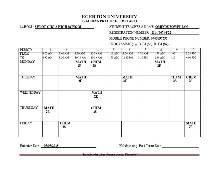 Egerton University Teaching Timetable | PDF