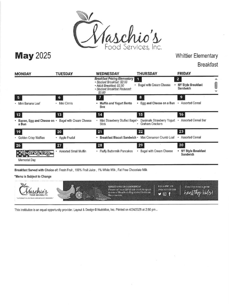 Whittier Elementary May 2025 Menu | PDF | Hamburgers | Foods