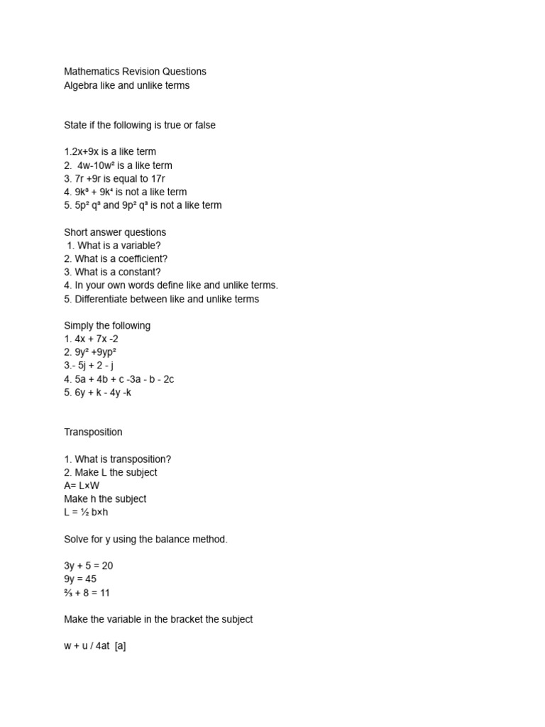 Mathematics Revision Questions - Like and Unlike Terms, Transposition ...