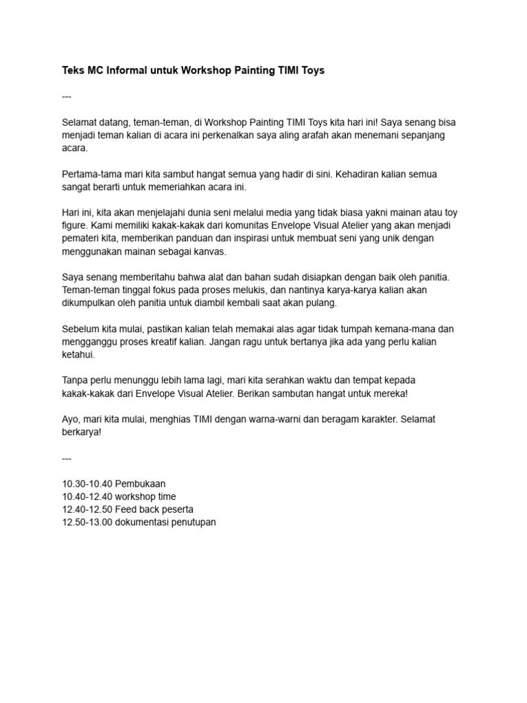 Teks MC Workshop Painting TIMI Toys | PDF