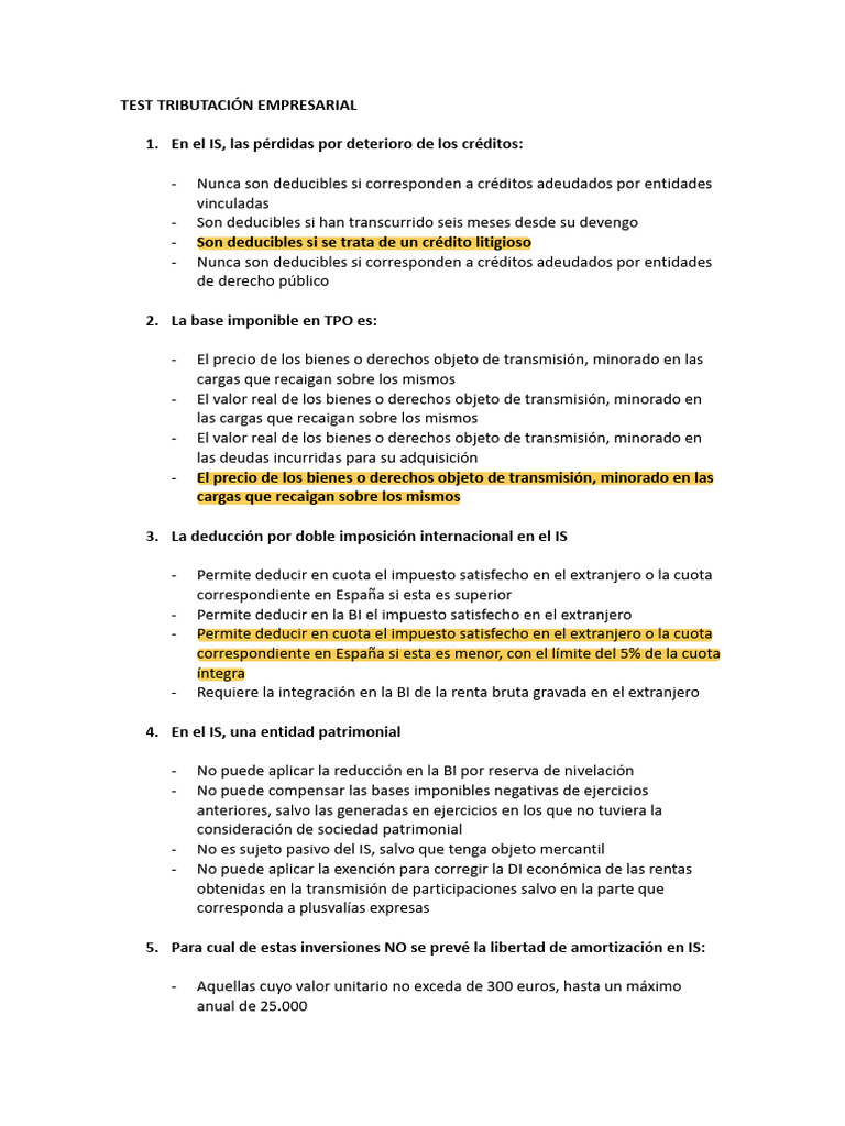 Test Tributación Empresarial | PDF | Factura | Impuestos
