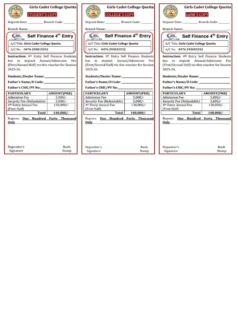 Fee Challan 4th Entry 2024 Self Finance | PDF