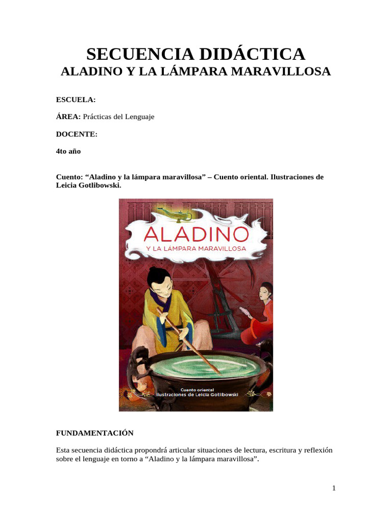 SECUENCIA Aladino y La Lámpara Maravillosa 4to Año | PDF | Escritura ...