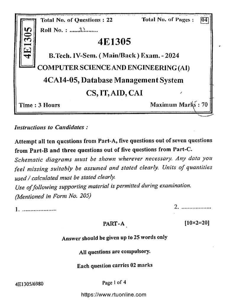 Btech Cs It 4 Sem Database Management System 4e1305 2024 | PDF