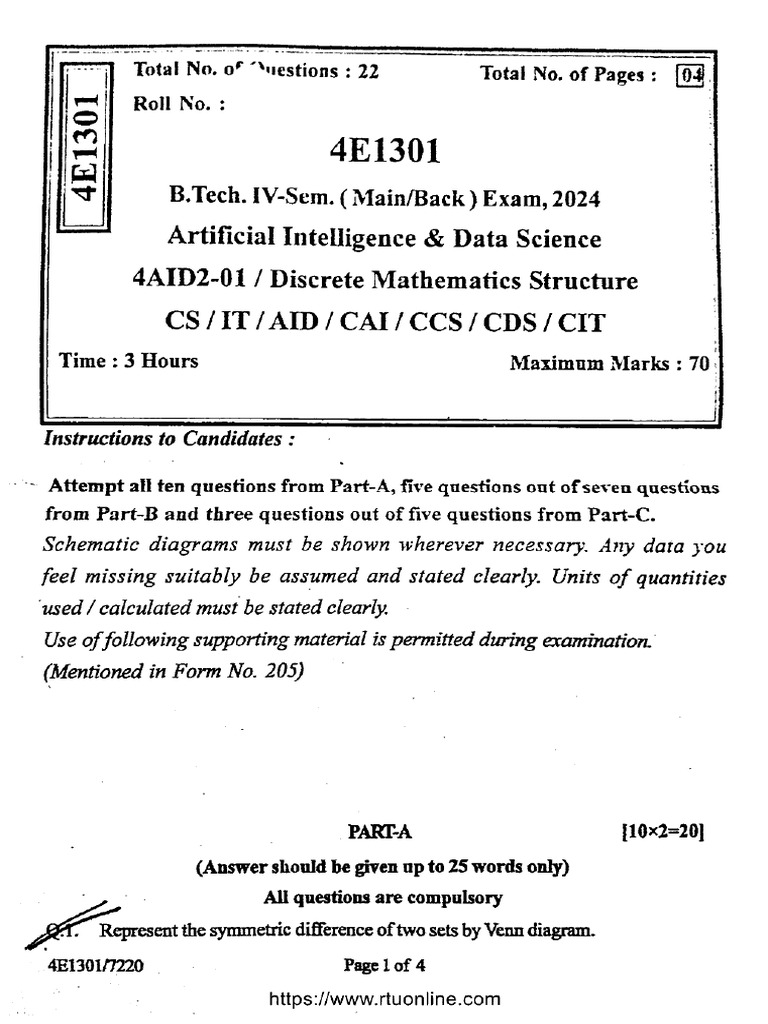 Btech Cs It 4 Sem Discrete Mathematics Structure 4e1301 2024 | PDF