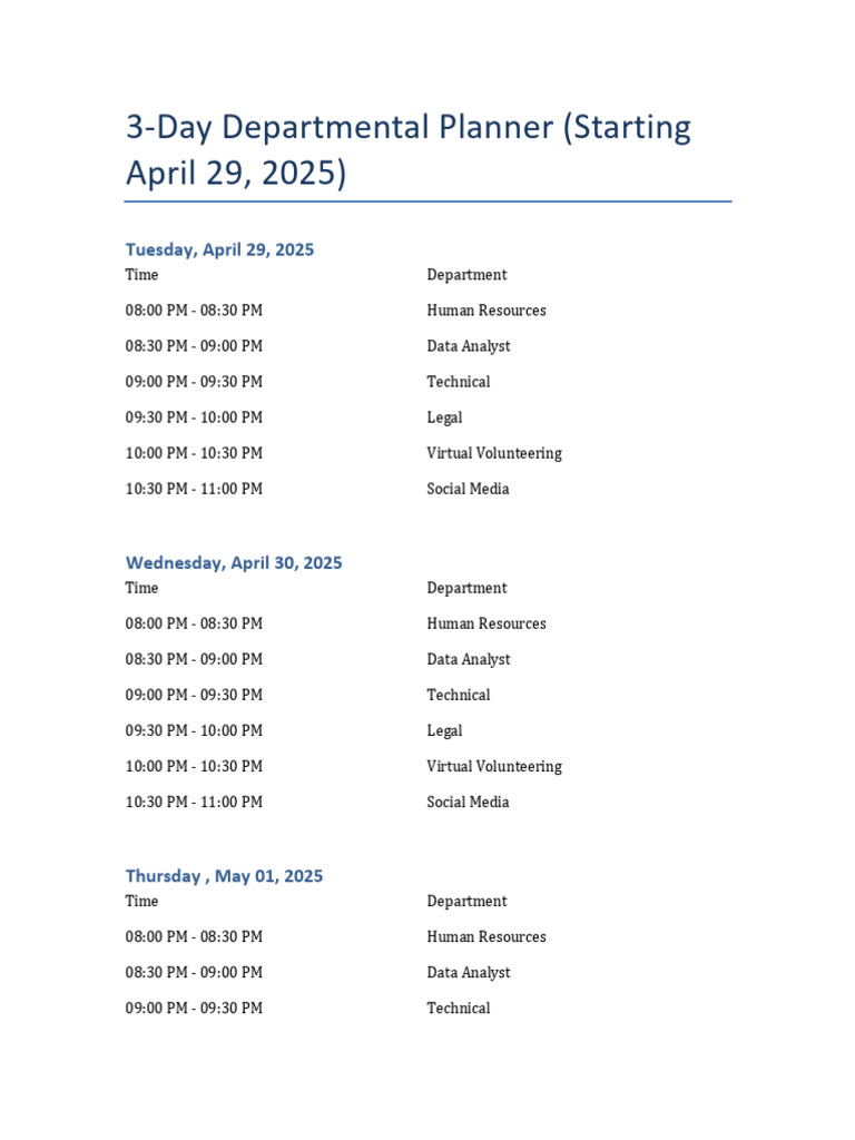 3 Day Departmental Planner No Activity | PDF