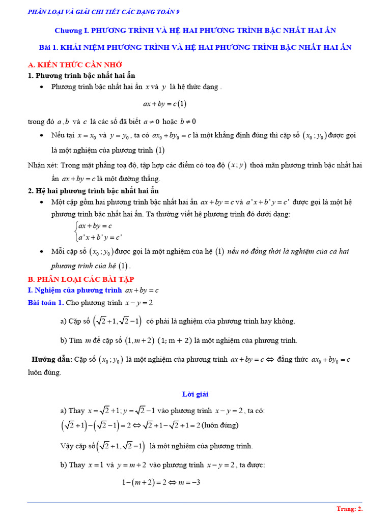 cac-dang-toan-phuong-trinh-va-he-hai-phuong-trinh-bac-nhat-hai-an-toan-9 | PDF