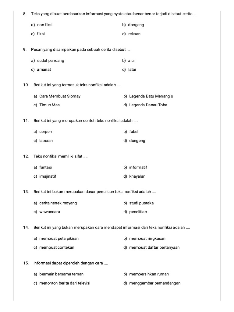 Latihan Soal KLS 6 Bahasa Indonesia (Fiksi Dan Non Fiksi | PDF