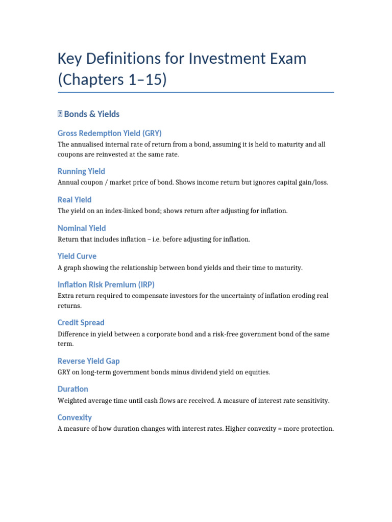 Key Definitions Investment Exam | PDF | Yield (Finance) | Bonds (Finance)