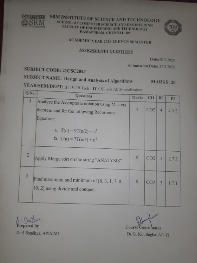 DAA Assignment 1 Questions | PDF