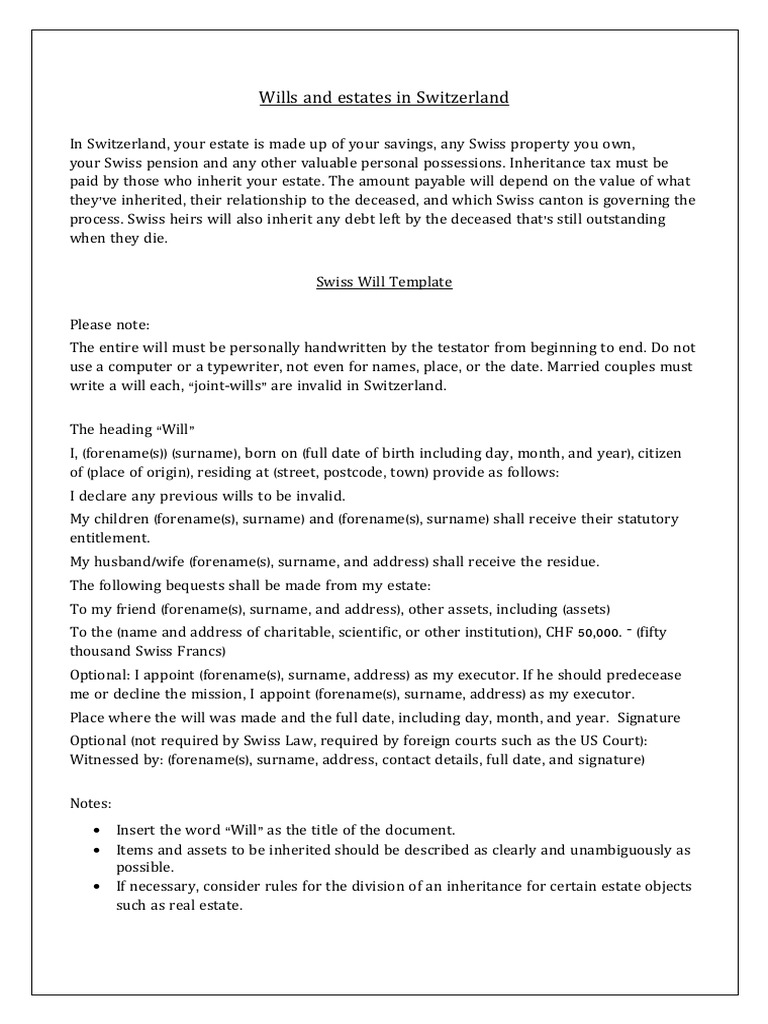 Swiss Will Template | PDF | Will And Testament | Inheritance