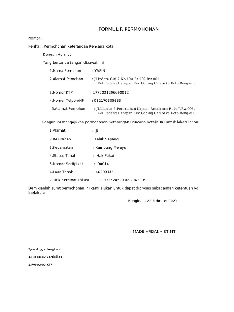 Formulir Permohonan KRK | PDF