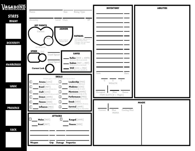 Vaganbond Characther Sheet 03 | PDF | Flight | Projectiles