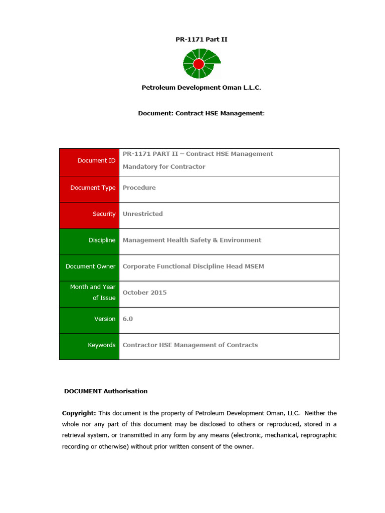 #207 PR 1171 II Contract HSE Management PDO | PDF | Safety