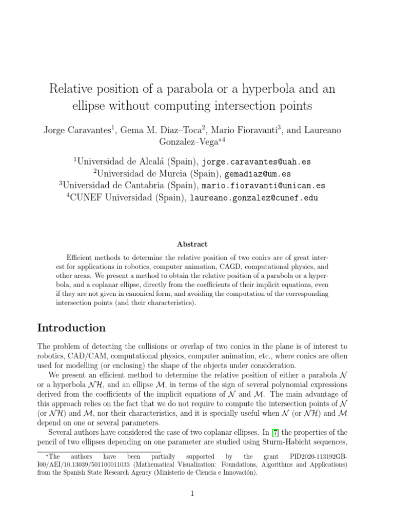 Relative Position of A Parabola or A Hyperbola and An Ellipse Without ...