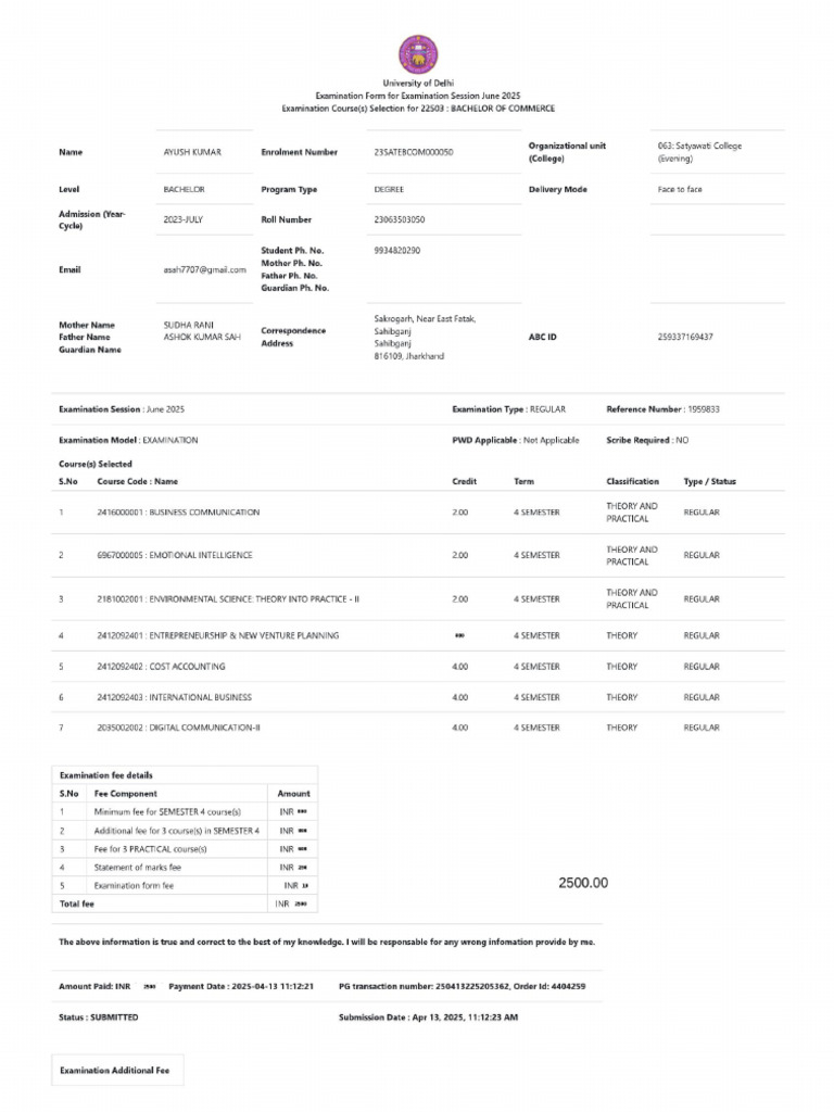 Examination Form Fee Final Normalized | PDF