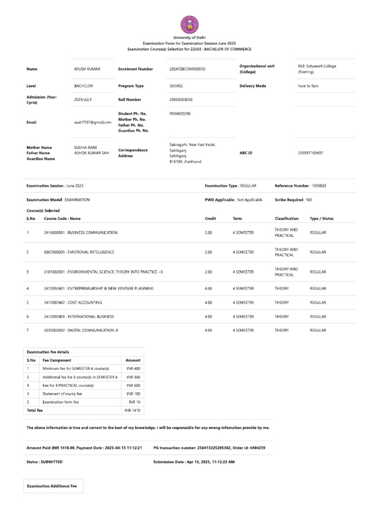 Examination Form Realistic Fee Update | PDF
