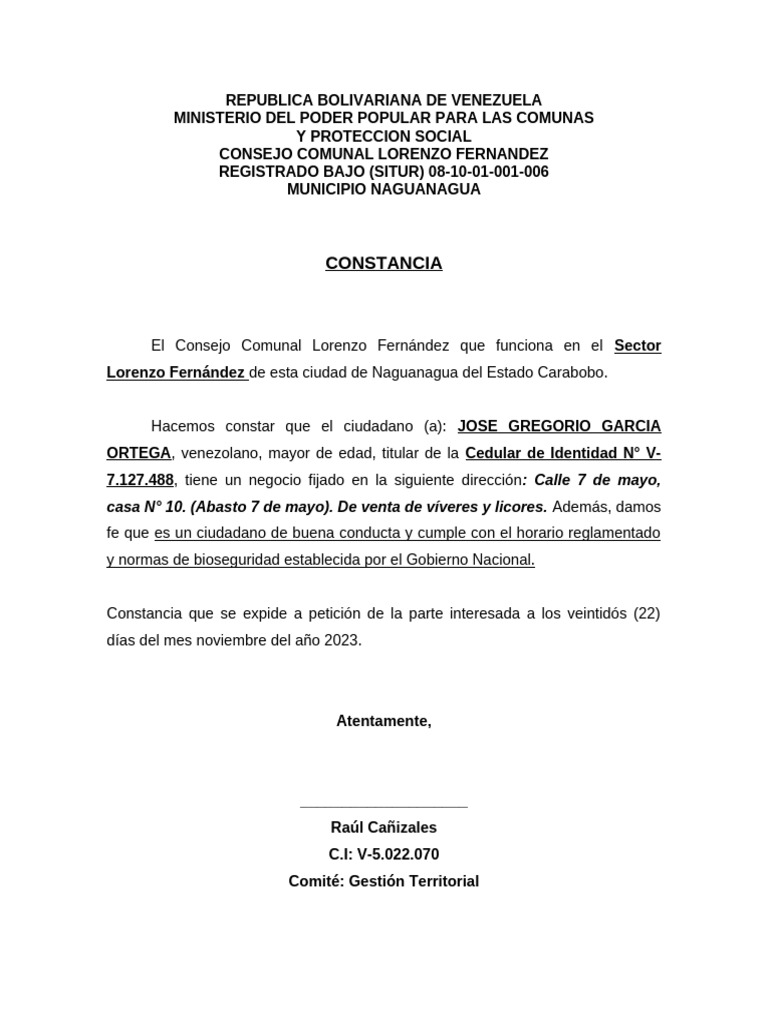 Constancia Consejo Comunal Buena Conducta | PDF