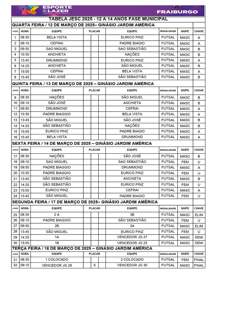 Tabela Futsal Jesc 12 A 14 - 2025 01 | PDF