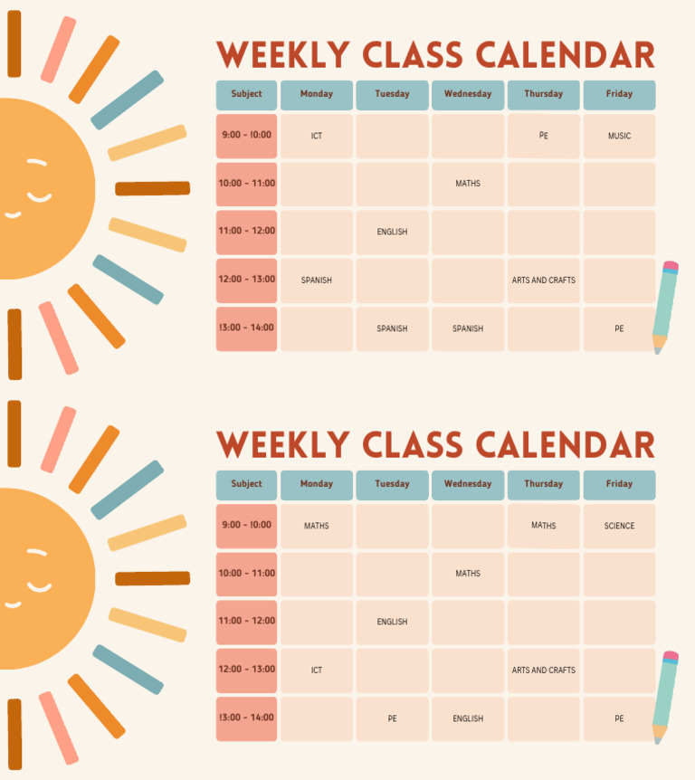 Weekly Class Education Calendar in Teal Pink and Yellow Flat Graphic ...