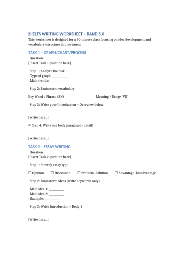 IELTS Writing Worksheet for Band 5.0 | PDF