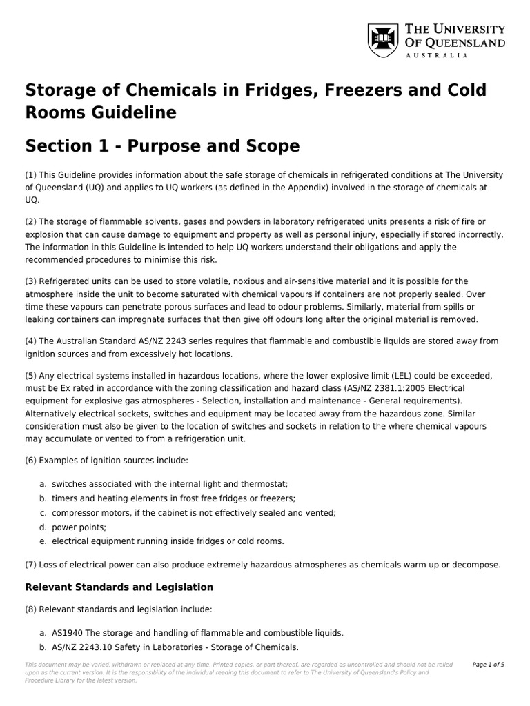 Storage of Chemicals in Fridges Freezers and Cold Rooms Guideline | PDF ...