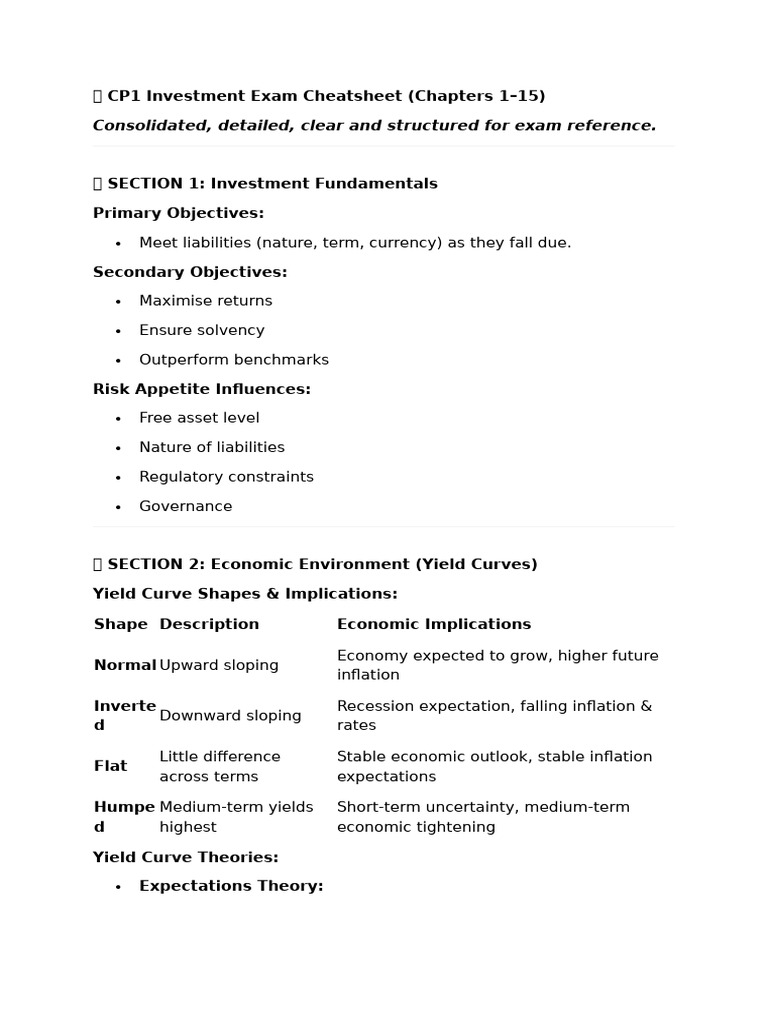 ? CP1 Investment Exam Cheatsheet | PDF | Yield Curve | Yield (Finance)